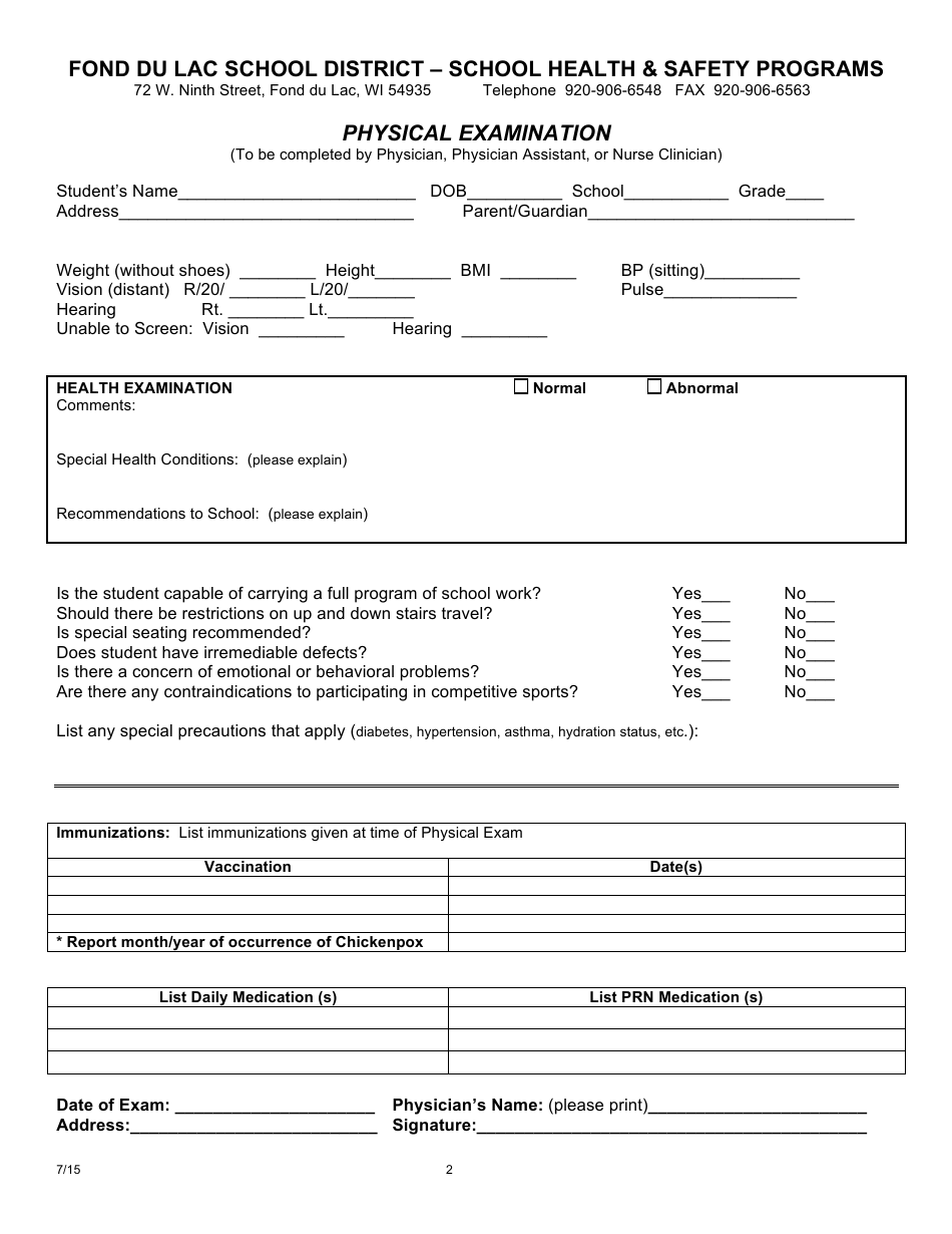 Physical Examination - Fond Du Lac School District - Fill Out, Sign Online and Download PDF ...