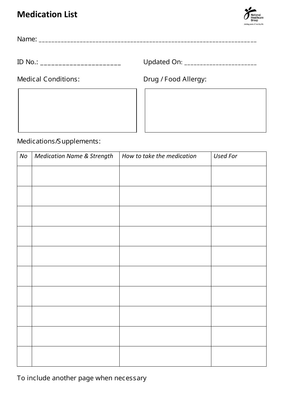 Medication List - National Healthcare Group Download Fillable PDF ...