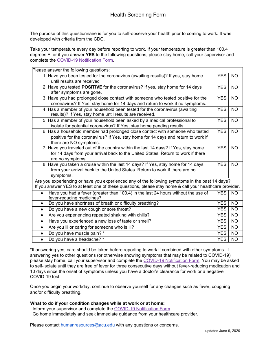 Health Screening Form - Abilene Christian University - Fill Out, Sign ...