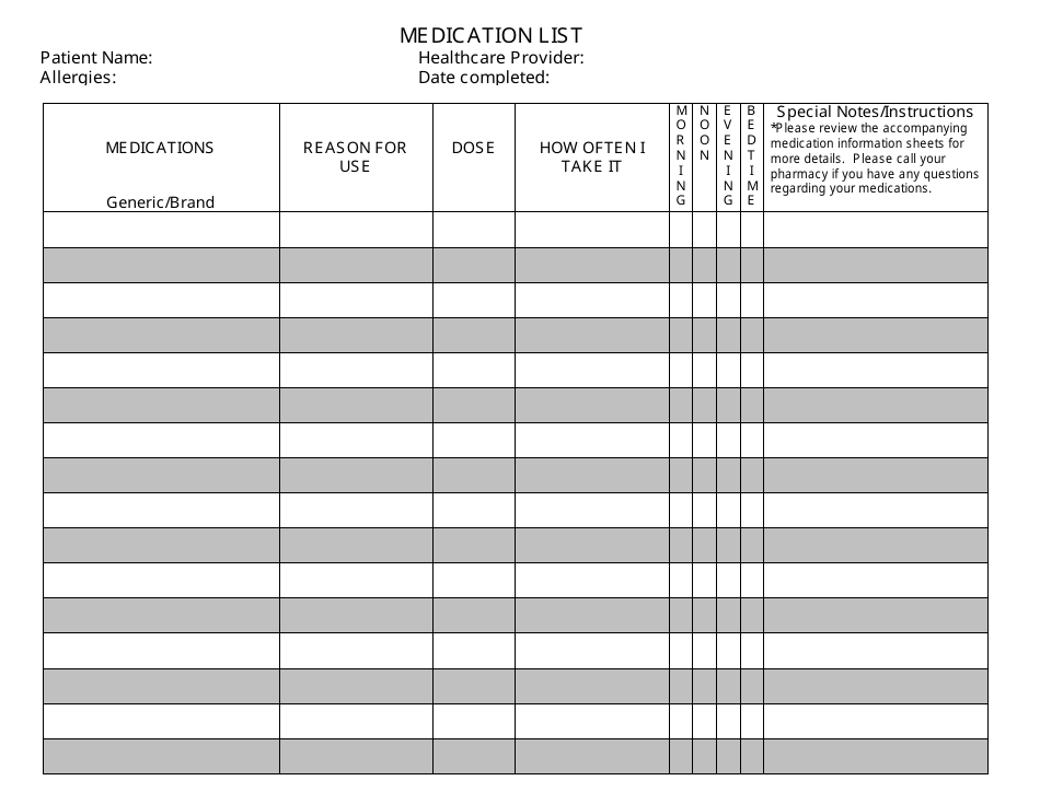Medication List Download Printable PDF | Templateroller