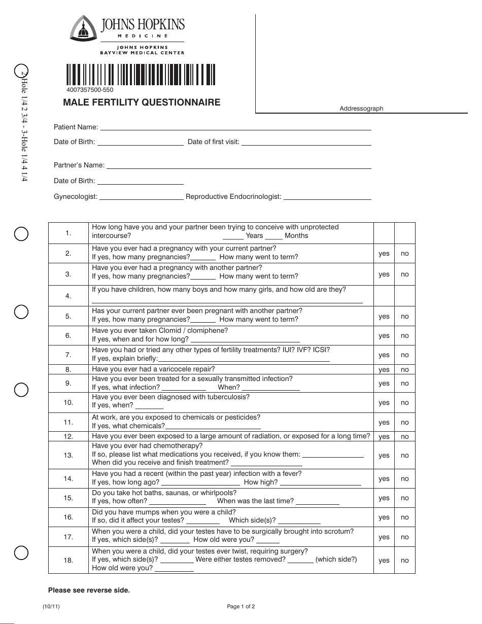 Male Fertility Questionnaire - Johns Hopkins Bayview Medical Center ...