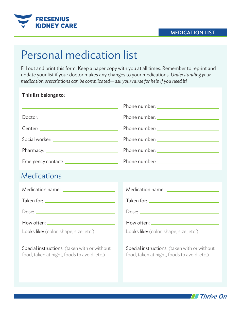 Personal Medication List - Fresenius Medical Care Download Printable ...