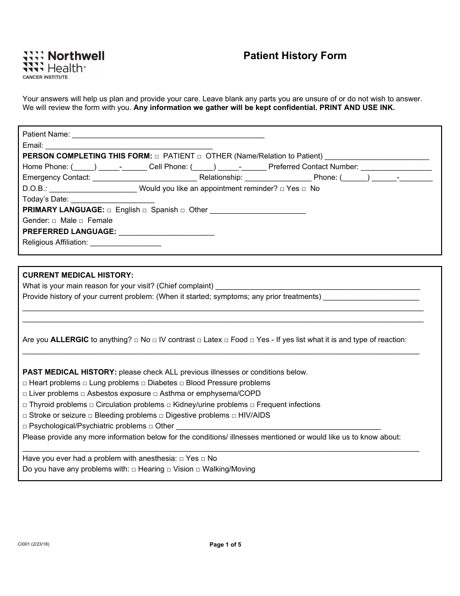 Cancer Patient History Form - Fill Out, Sign Online and Download PDF ...