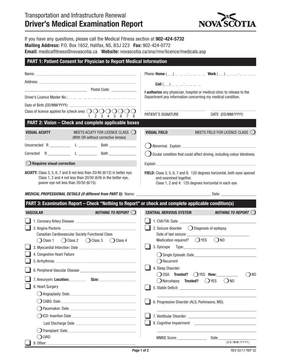 Nova Scotia Canada Driver's Medical Examination Report - Fill Out, Sign Online and Download PDF ...