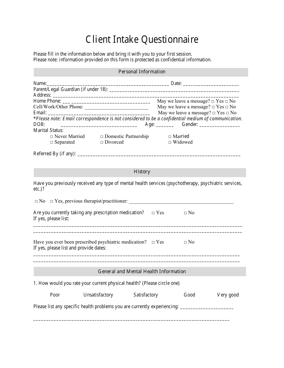 Client Intake Questionnaire Download Printable PDF | Templateroller