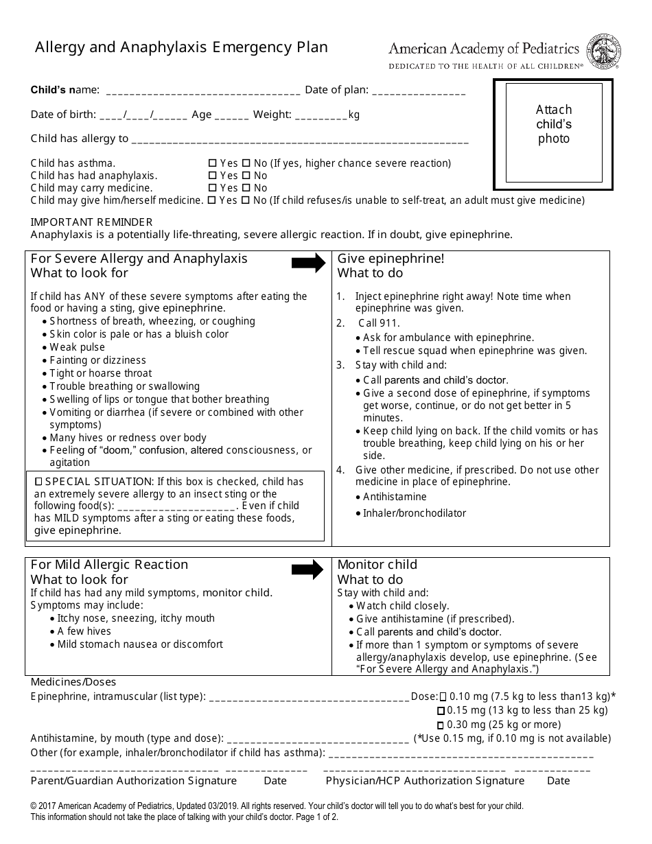 Allergy and Anaphylaxis Emergency Plan - American Academy of Pediatrics ...