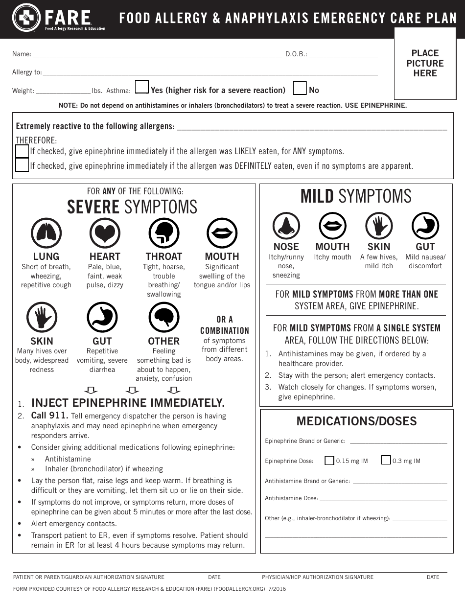 Food Allergy & Anaphylaxis Emergency Care Plan Download Fillable PDF ...