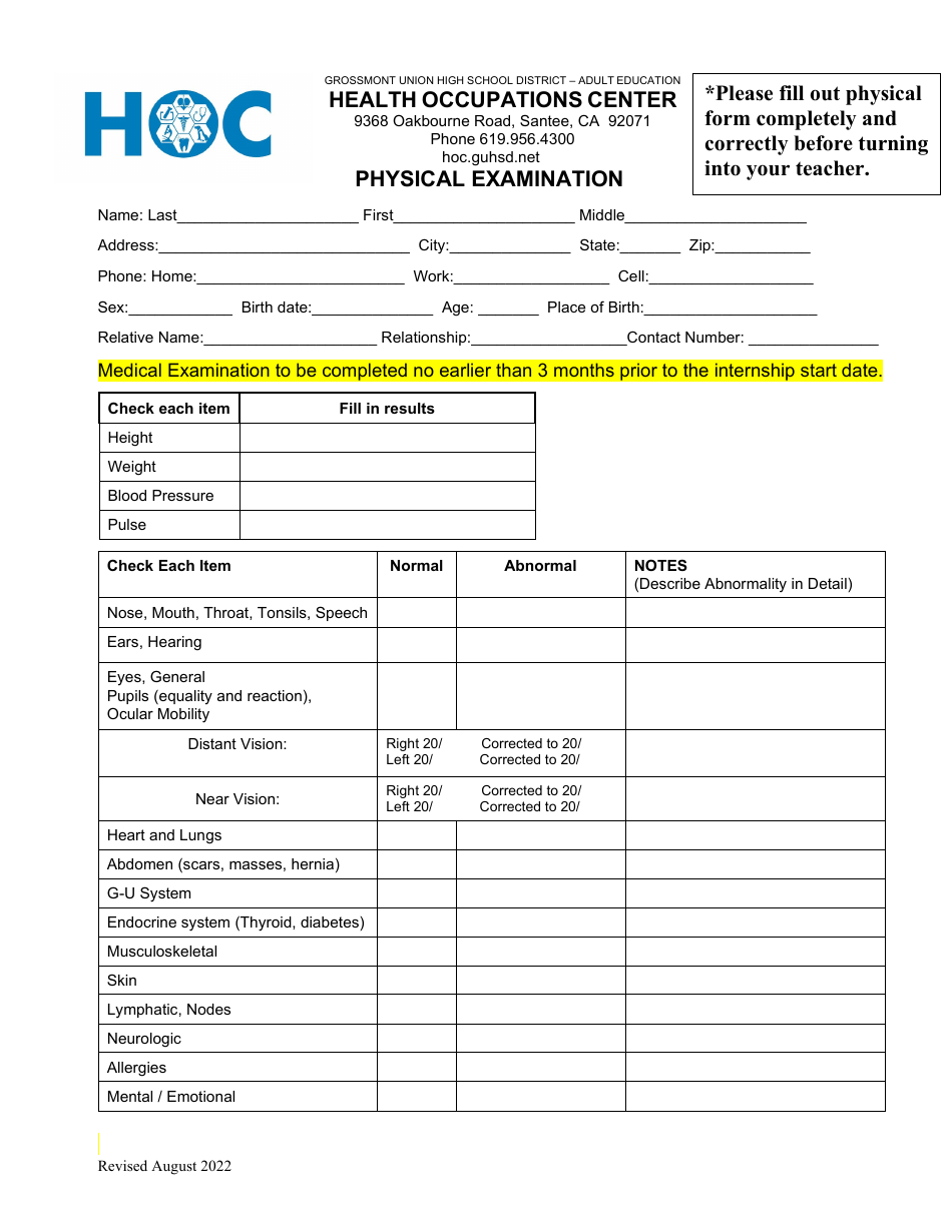 Physical Examination - Hoc - Fill Out, Sign Online and Download PDF ...
