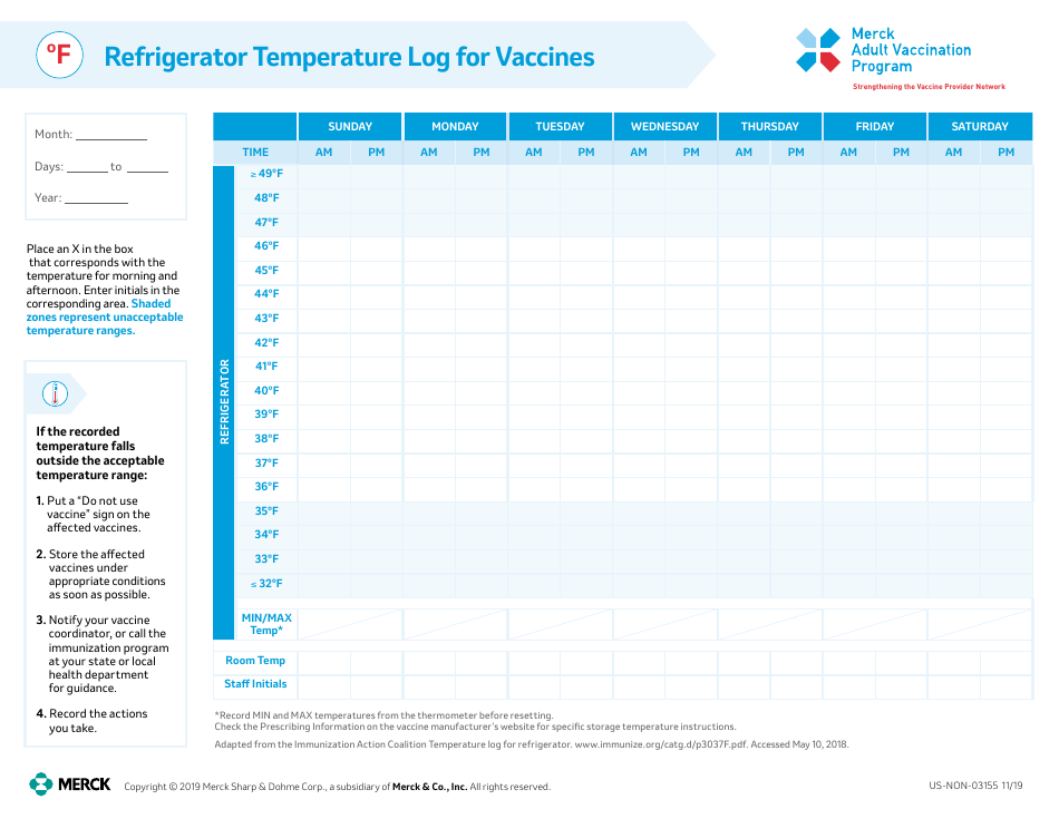 Refrigerator Temperature Log for Vaccines - Merck Download Fillable PDF ...