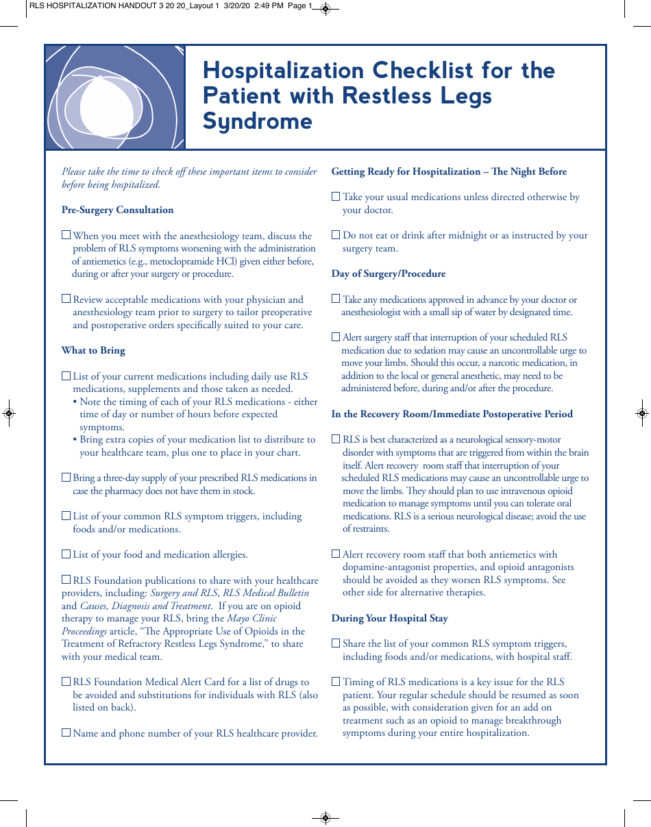 Hospitalization Checklist for the Patient With Restless Legs Syndrome ...