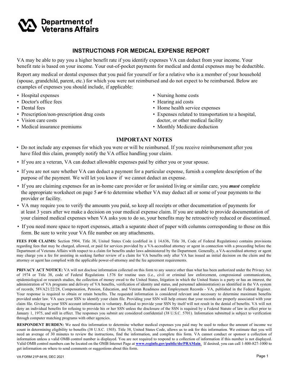 VA Form 21P-8416 Download Fillable PDF or Fill Online Medical Expense ...