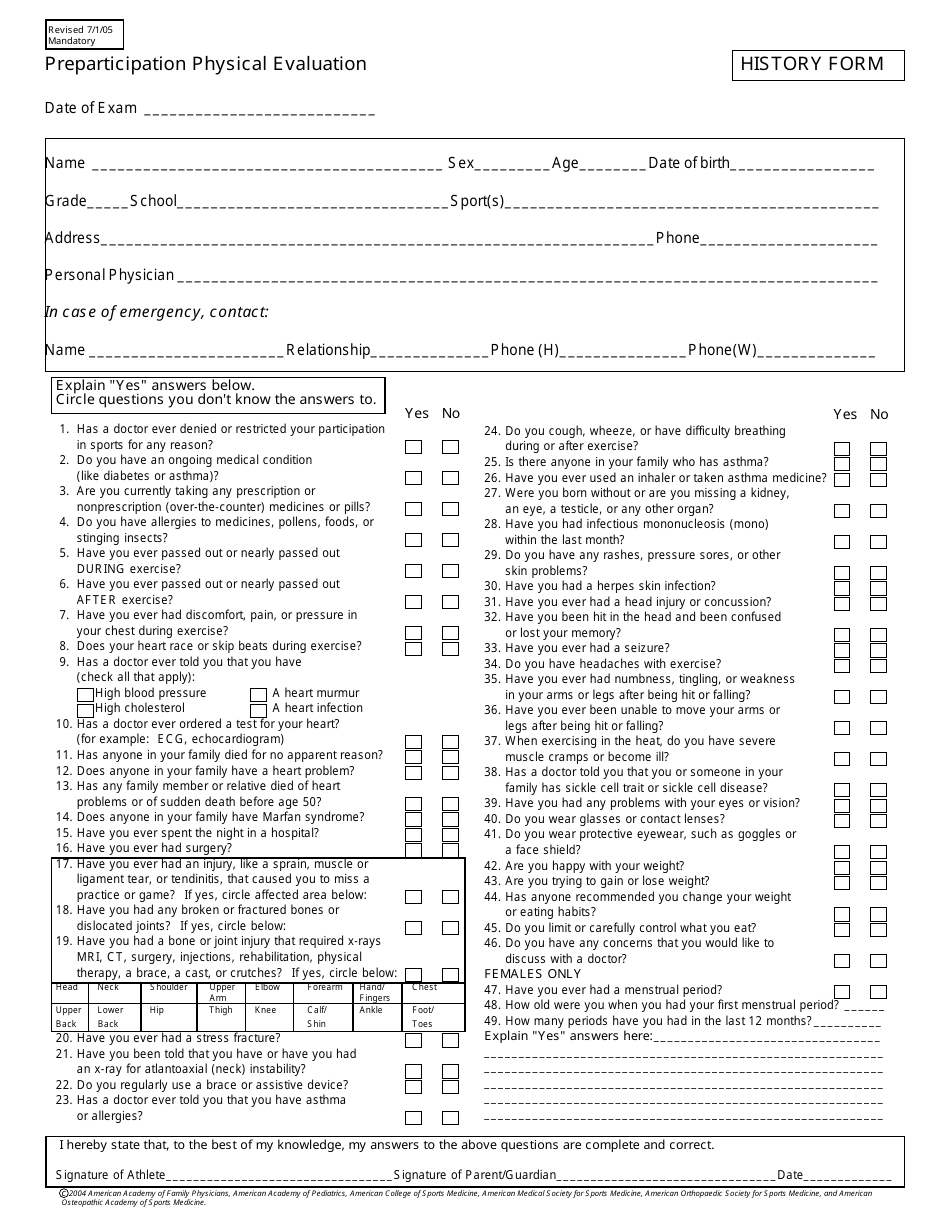 Pre-participation Physical Evaluation: History Form - American Medical ...