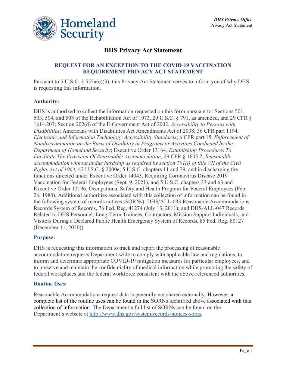 Request for an Exception to the Covid-19 Vaccination Requirement ...