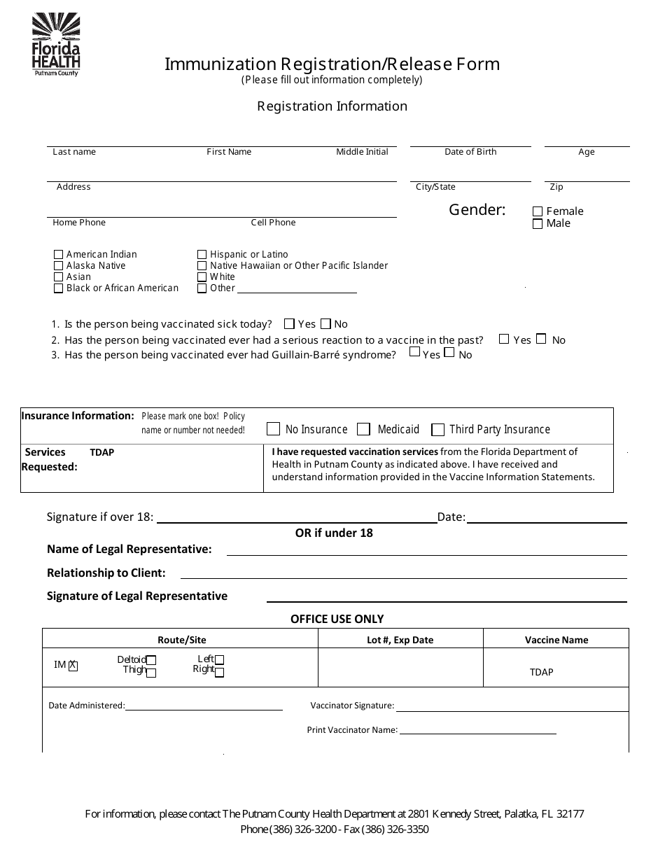 Putnam County, Florida Immunization Registration/Release Form - Fill ...
