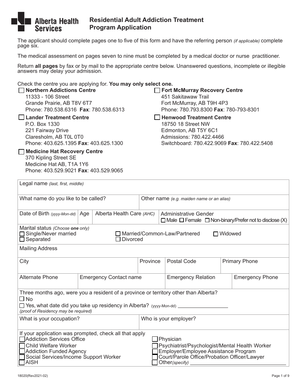Form 18020 - Fill Out, Sign Online and Download Fillable PDF, Alberta ...