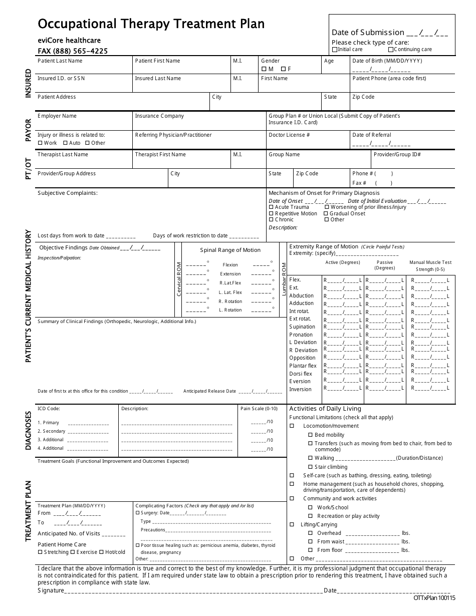 Occupational Therapy Treatment Plan Evicore Healthcare Download