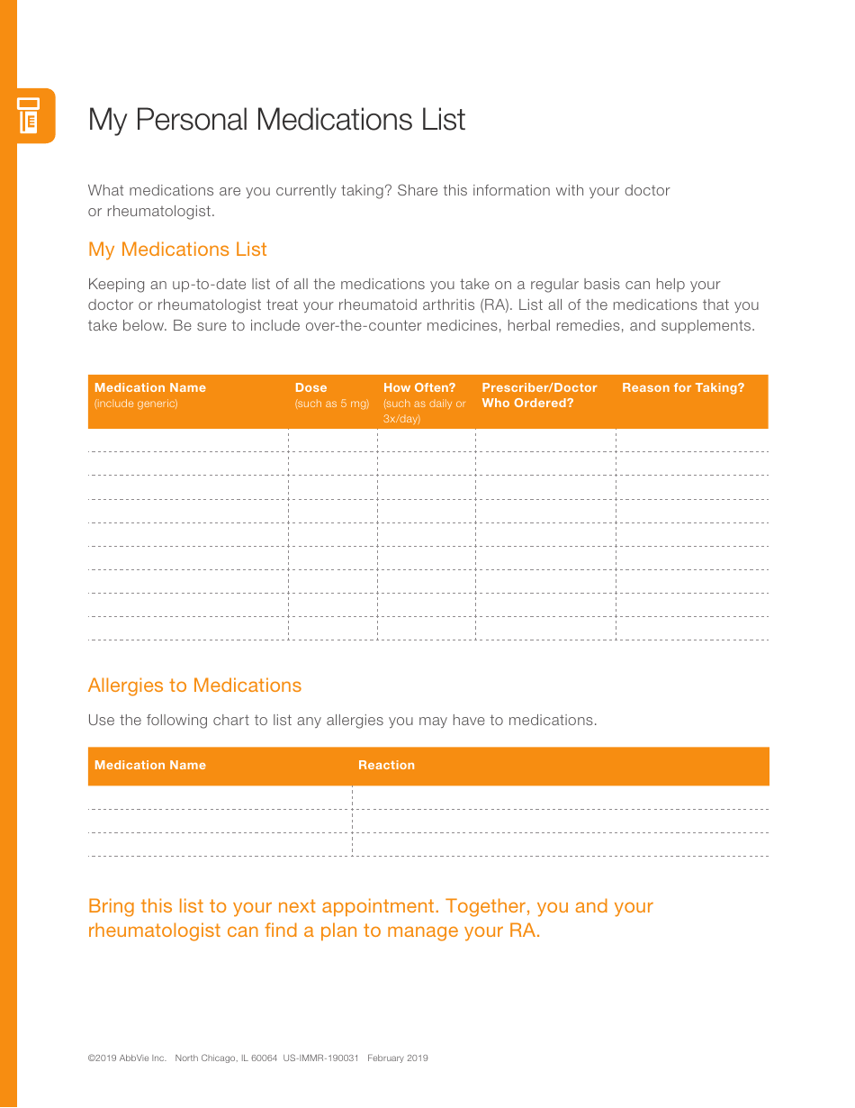 Personal Medications List - Abbvie Download Printable PDF | Templateroller