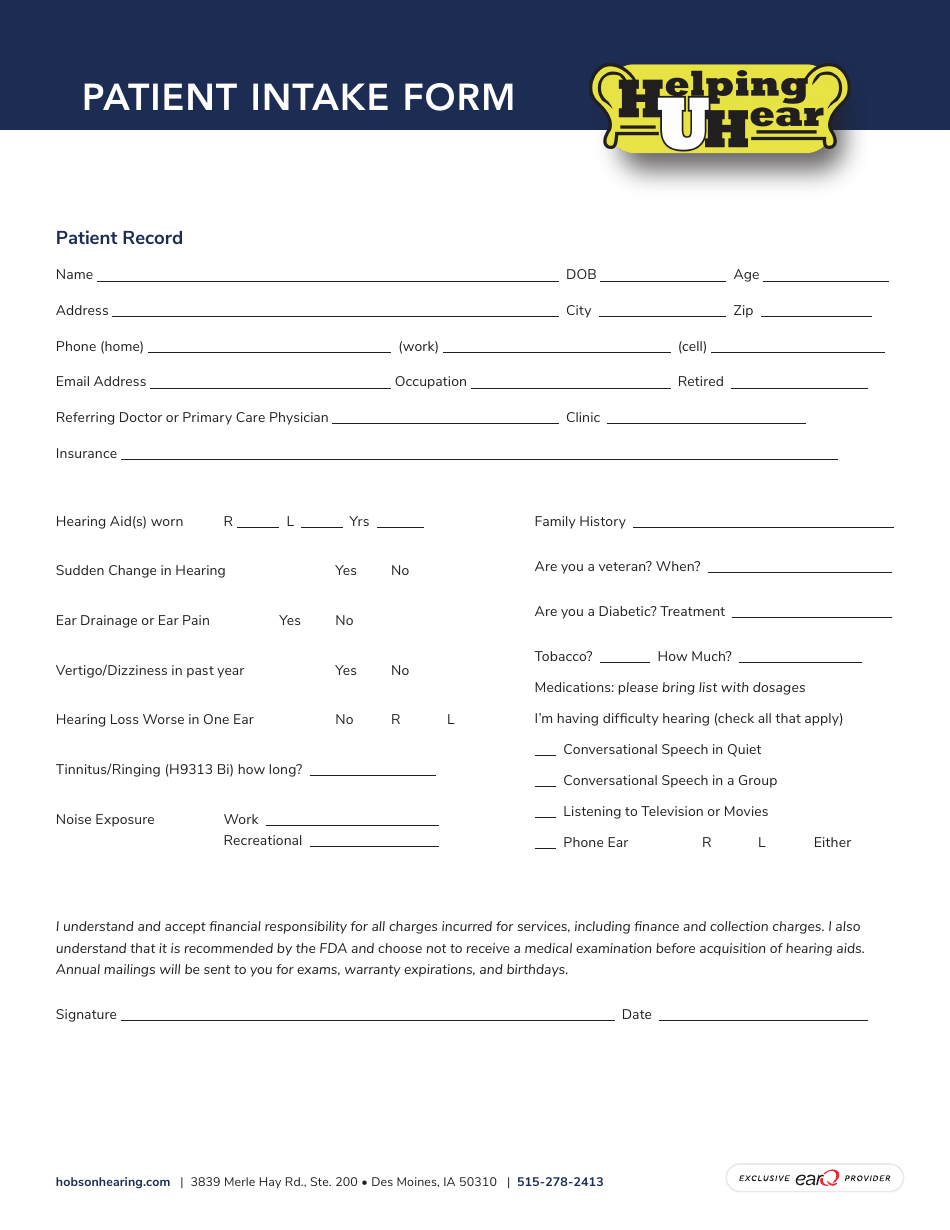 Hearing Patient Intake Form - Helping U Hear - Fill Out, Sign Online ...