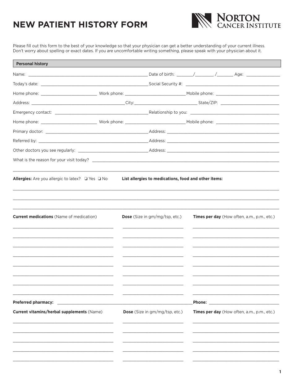 New Patient History Form - Norton Cancer Institute - Fill Out, Sign ...