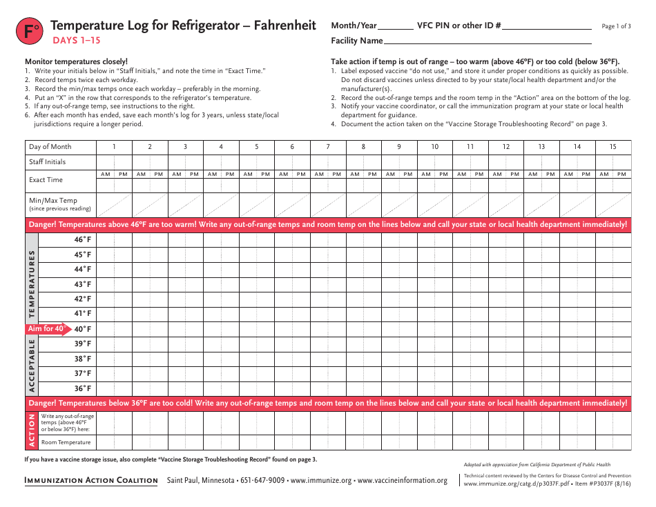 Temperature Log for Refrigerator - Fahrenheit Download Printable PDF | Templateroller