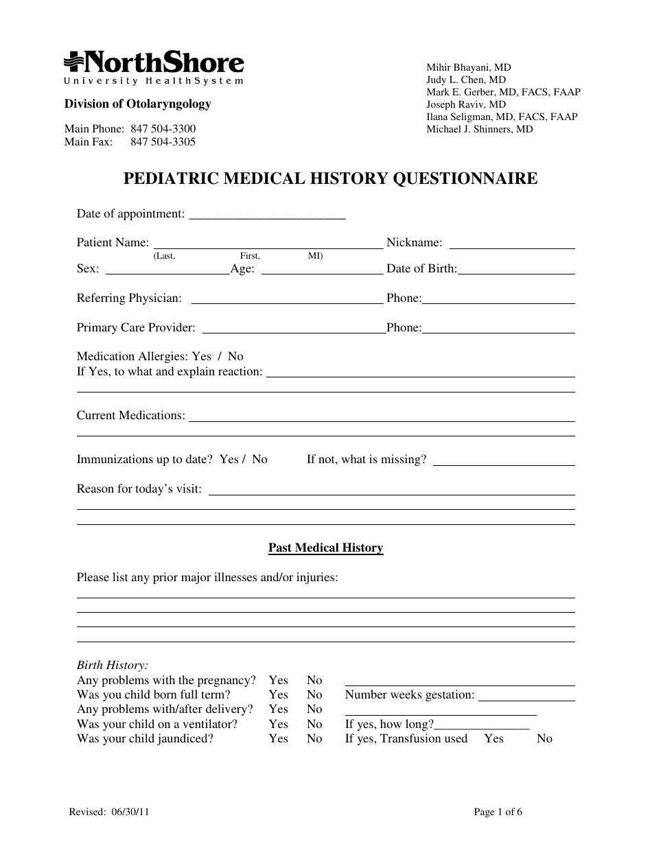 Pediatric Medical History Questionnaire - Northshore Download Printable ...