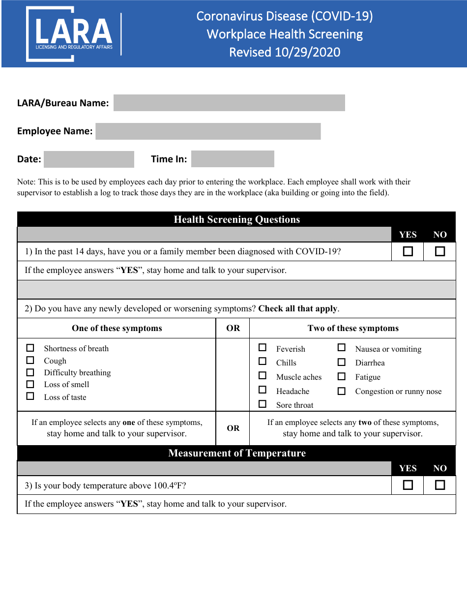 Michigan Coronavirus Disease (Covid-19) Workplace Health Screening ...