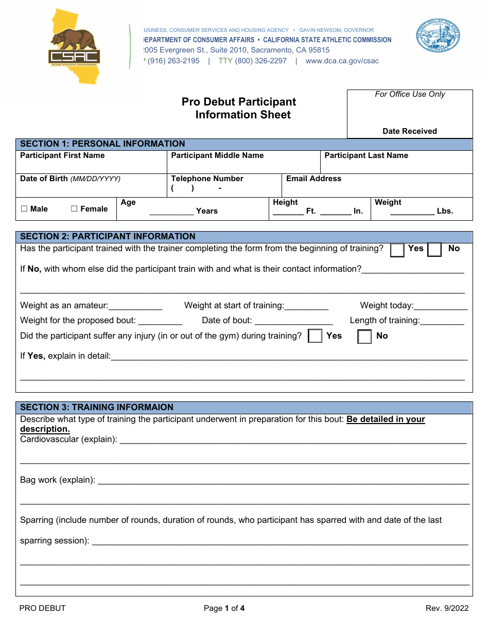 California Pro-Debut Participant Information Sheet - Fill Out, Sign Online and Download PDF ...