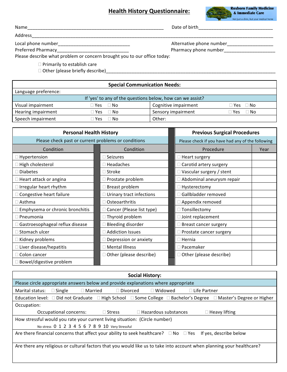 Health History Questionnaire - Roxboro Family Medicine - Fill Out, Sign ...