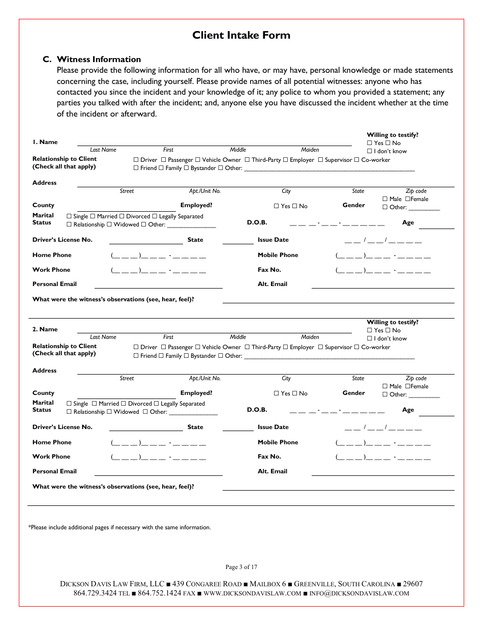 Law Firm Client Intake Form: Personal Injury - Dickson Davis Law Firm ... Law Firm Client Intake Form: Personal Injury - Dickson Davis Law Firm ...