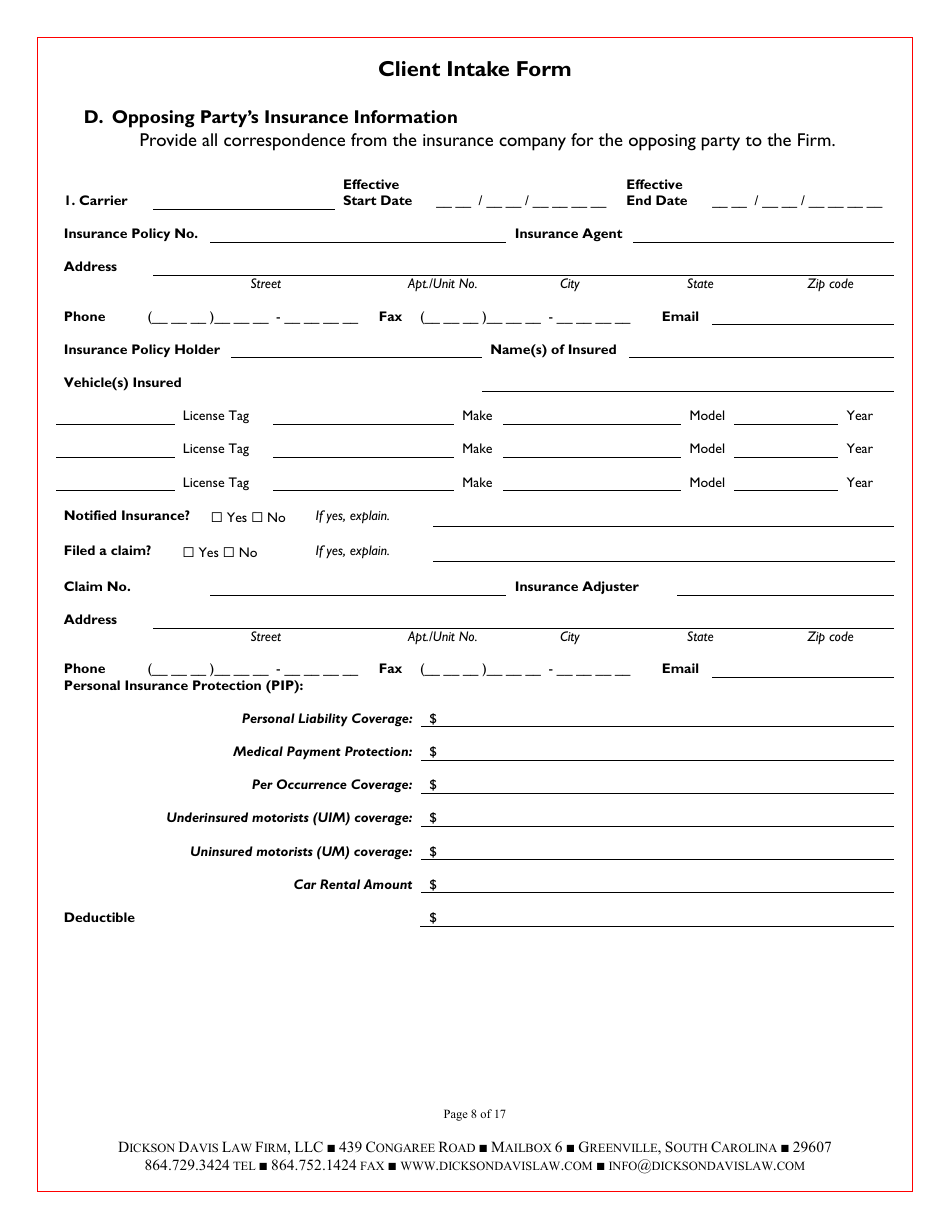 Law Firm Client Intake Form: Personal Injury - Dickson Davis Law Firm ... Law Firm Client Intake Form: Personal Injury - Dickson Davis Law Firm ...