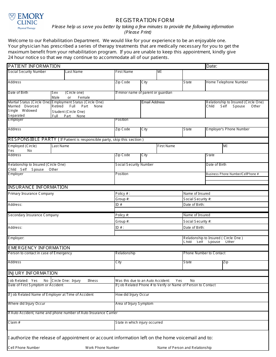 Patient Registration Form - Emory Clinic - Fill Out, Sign Online and ...