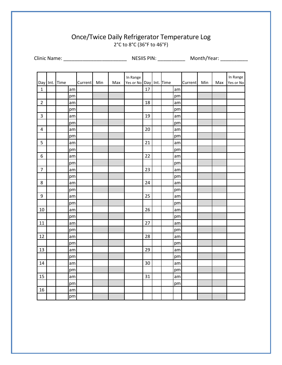 Nebraska Once/Twice Daily Refrigerator Temperature Log - Fill Out, Sign ...