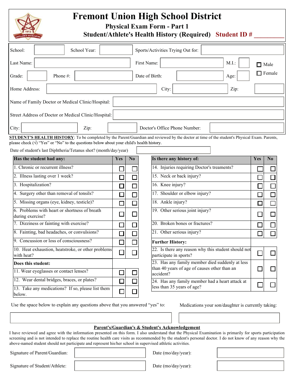 Student/Athlete's Physical Exam Form - Fremont Union High School ...