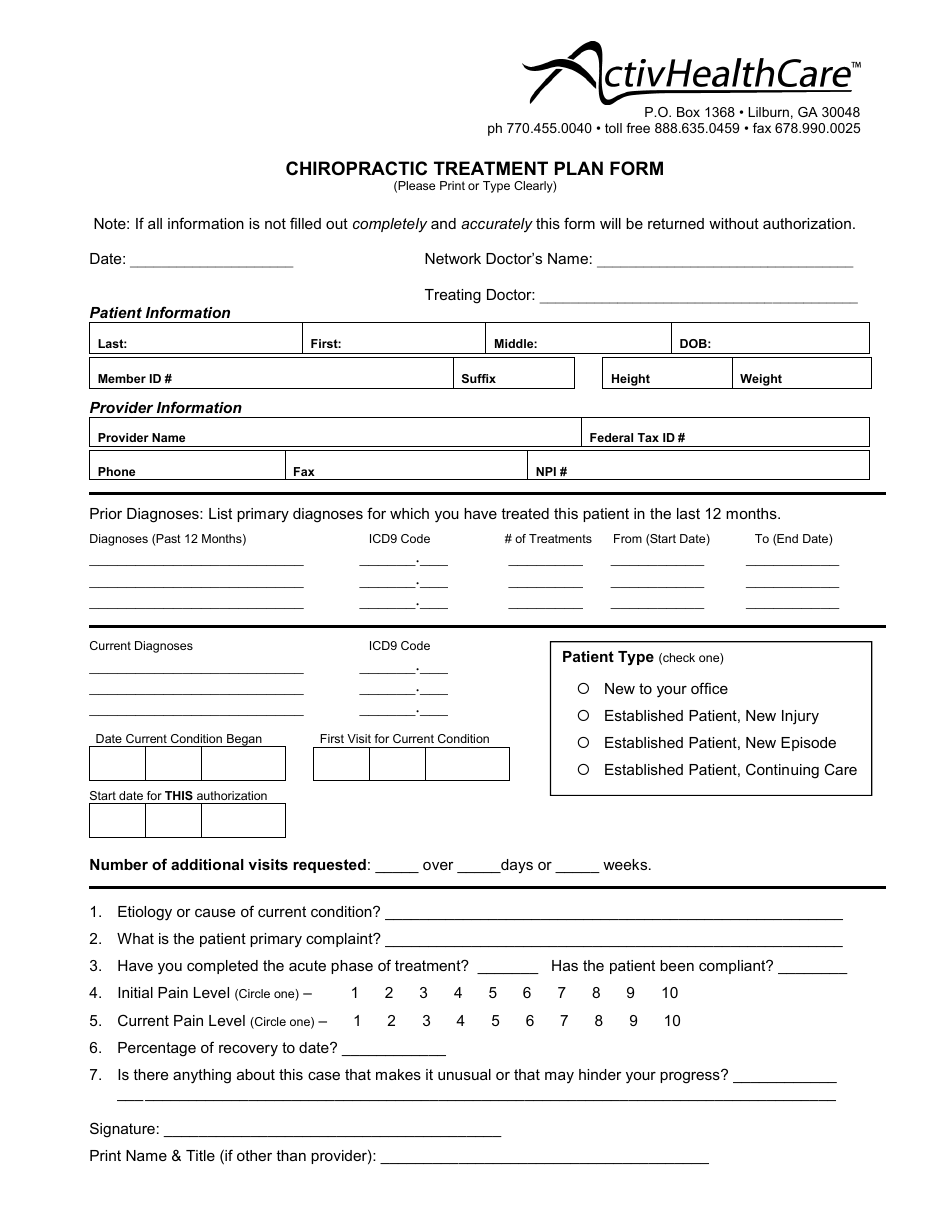 Chiropractic Treatment Plan Form - Activhealthcare - Fill Out, Sign ...
