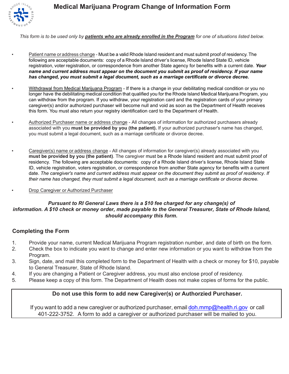 Rhode Island Change of Information Form - Medical Marijuana Program ...