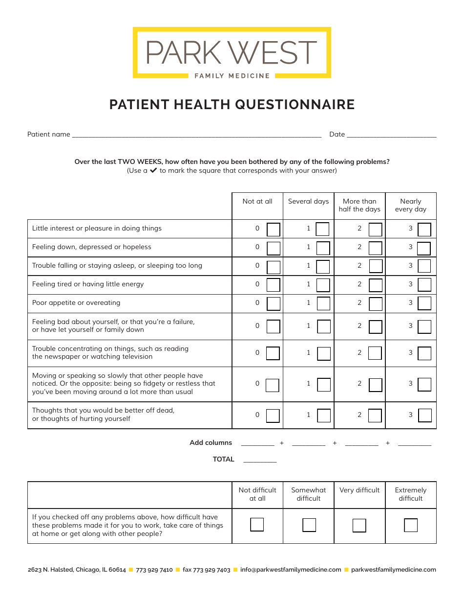 Patient Health Questionnaire - Park West Family Medicine - Fill Out ...