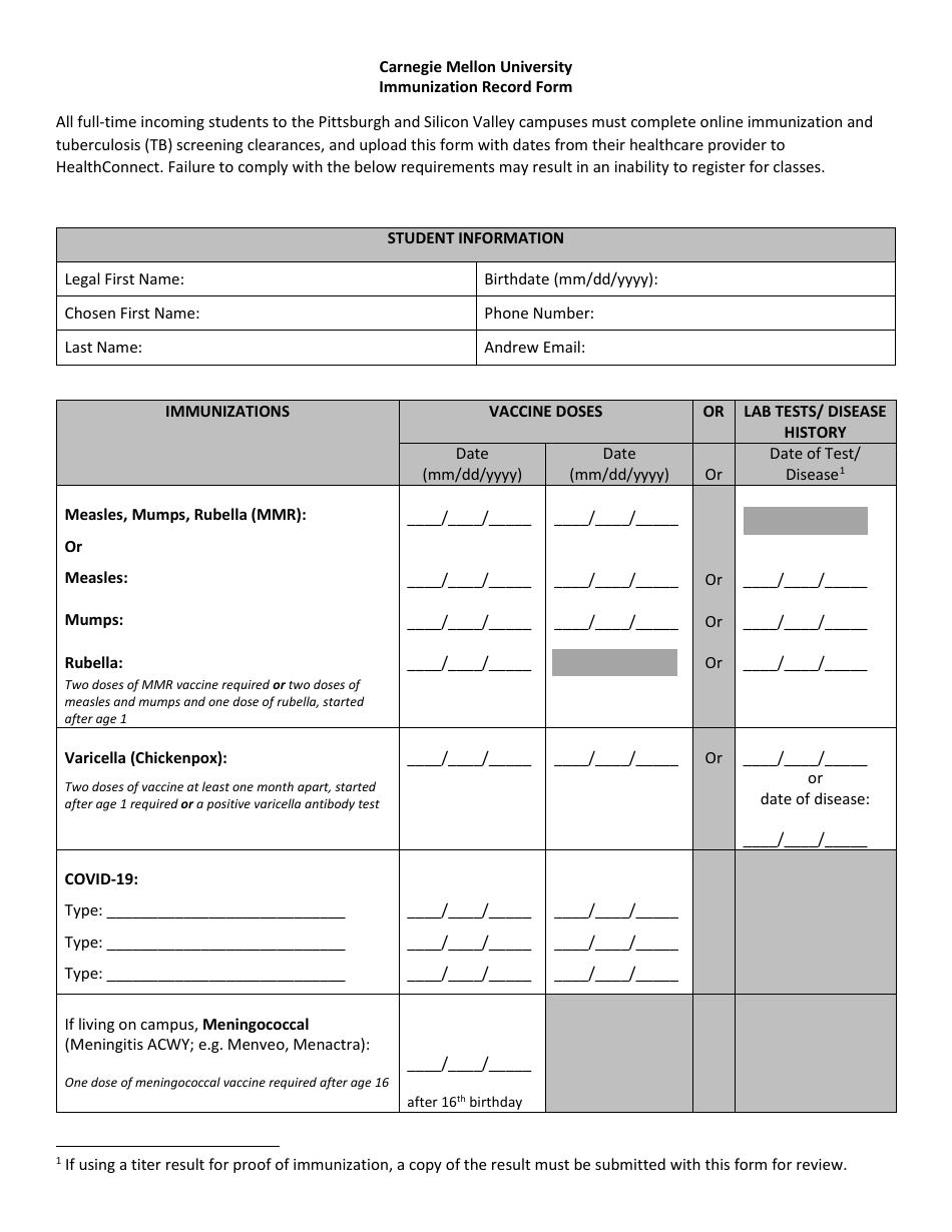 Immunization Record Form - Carnegie Mellon University - Fill Out, Sign Online and Download PDF ...