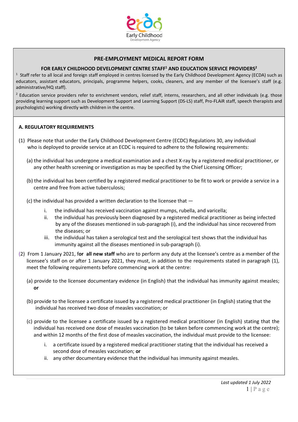 Singapore Pre-employment Medical Report Form for Early Childhood ...