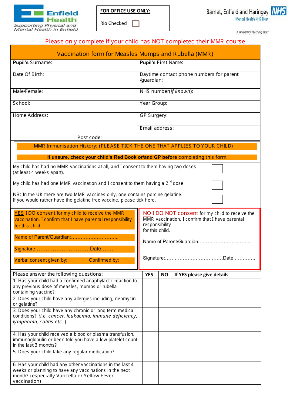 United Kingdom Vaccination Form for Measles Mumps and Rubella (Mmr ...