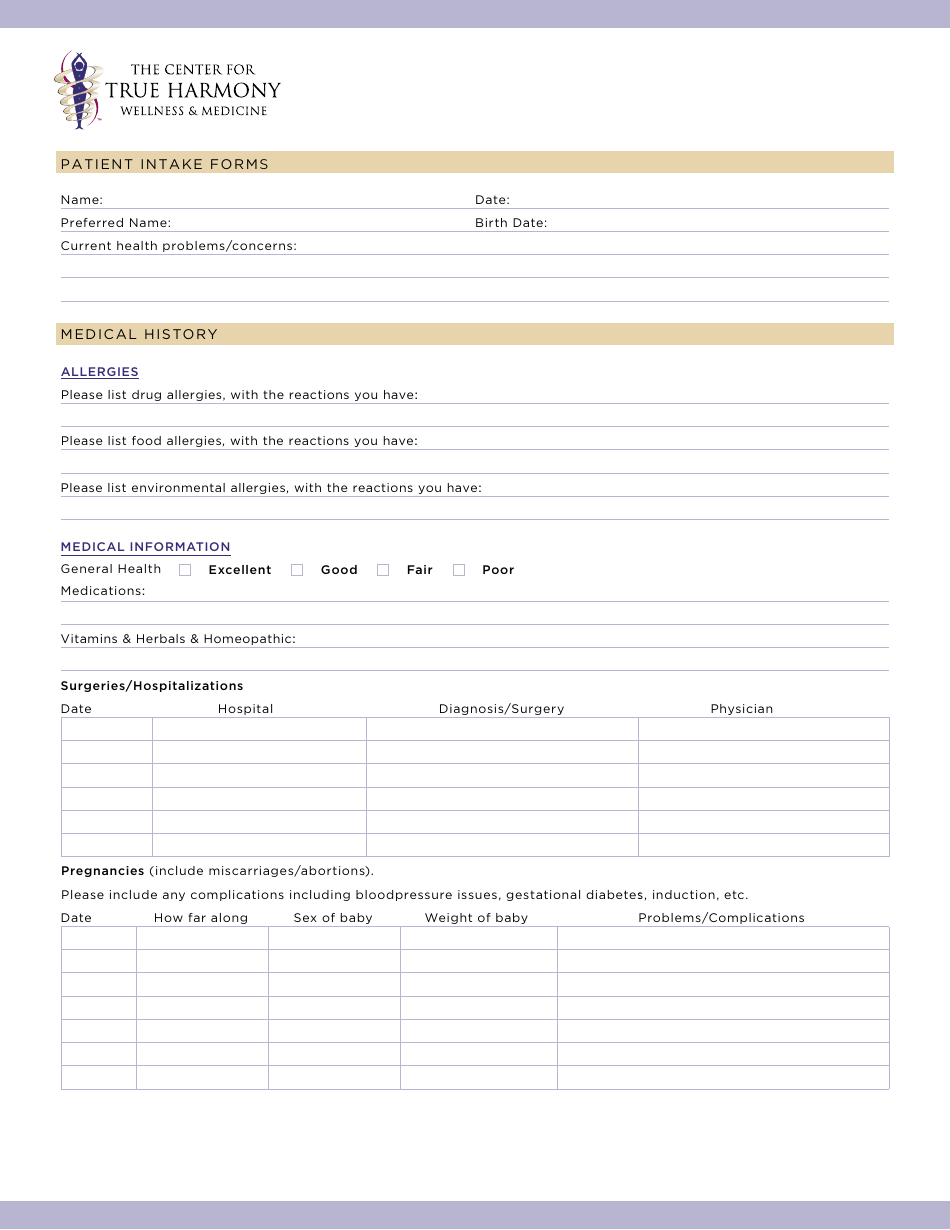 Patient Intake Form - True Harmony - Fill Out, Sign Online and Download ...