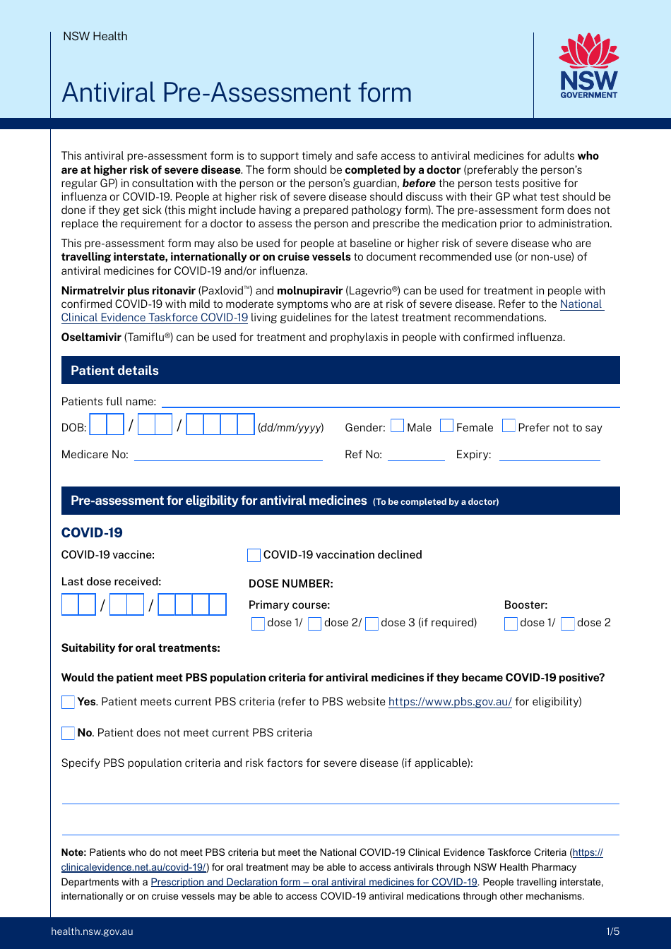 New South Wales Australia Antiviral Pre-assessment Form - Fill Out ...