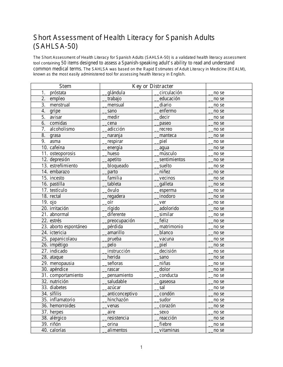 Short Assessment of Health Literacy for Spanish Adults (Sahlsa-50 ...