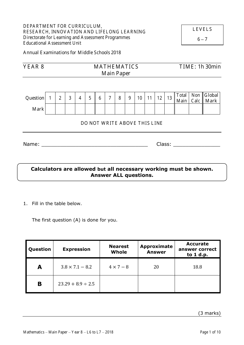 Annual Examinations for Middle Schools 2018 Download Printable PDF ...