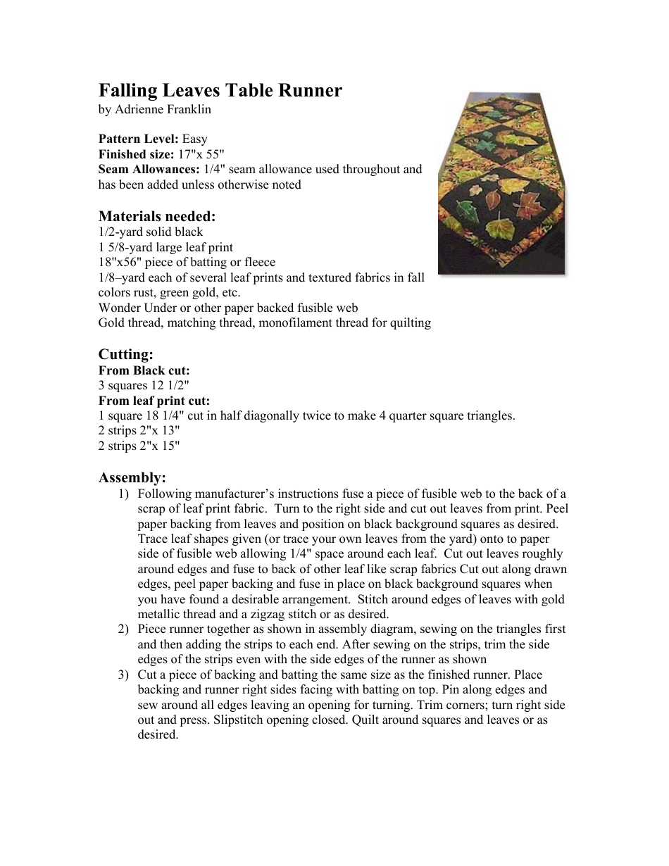 Falling Leaves Table Runner Templates - Cranston Print Works Company ...