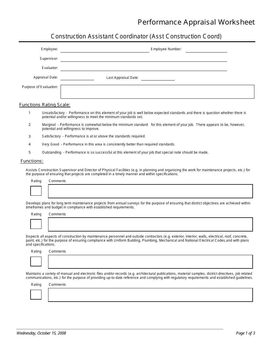 Performance Appraisal Worksheet Template - Construction Assistant ...