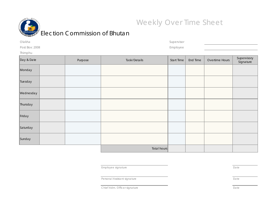Bhutan Weekly Over Time Sheet - Fill Out, Sign Online and Download PDF ...