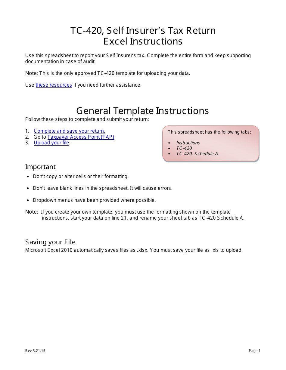 Download Instructions for Form TC-420 Self-insurer's Tax Return PDF ...