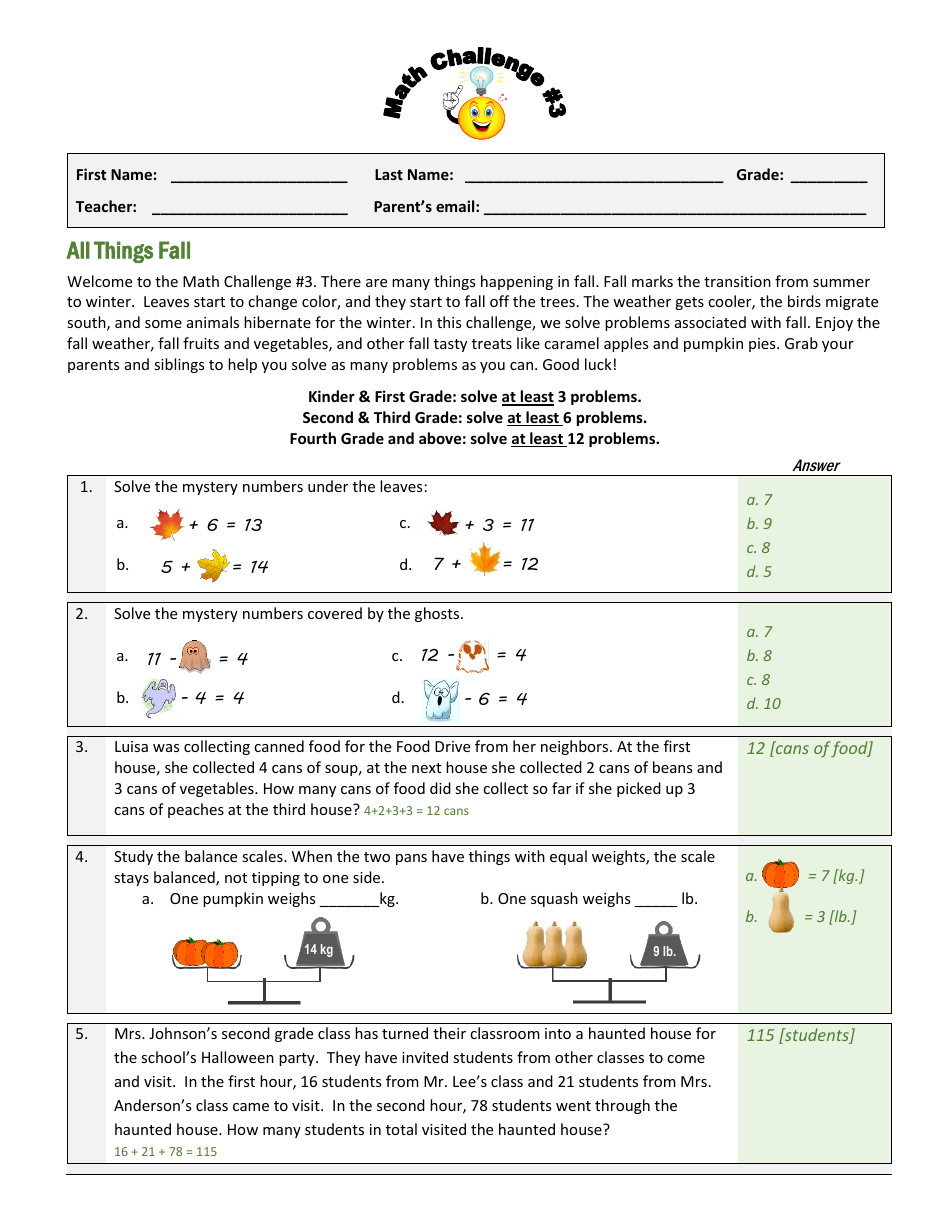 Autumn Math Challenge Sheet Download Printable PDF | Templateroller
