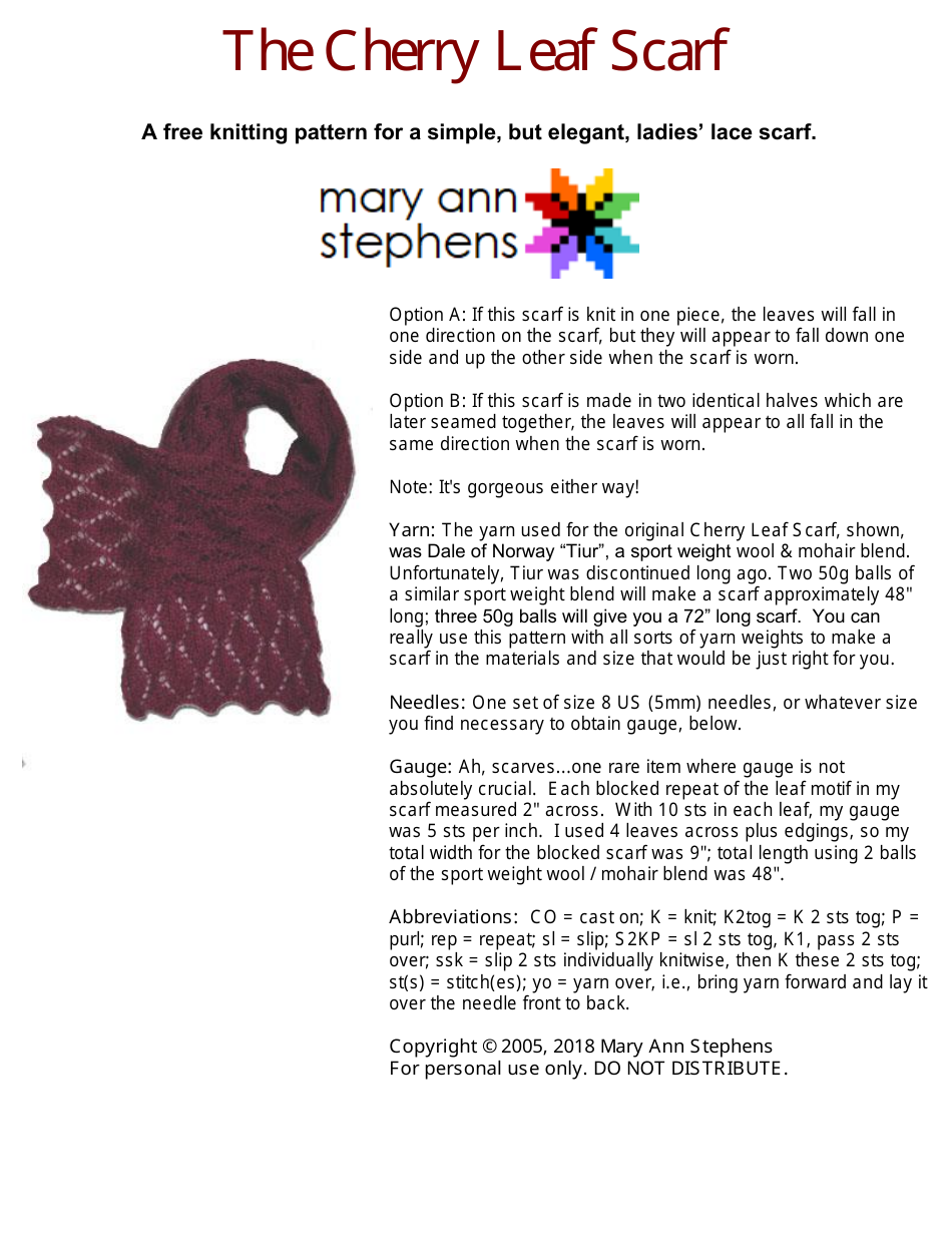 Cherry Leaf Scarf Knitting Pattern Download Printable PDF | Templateroller