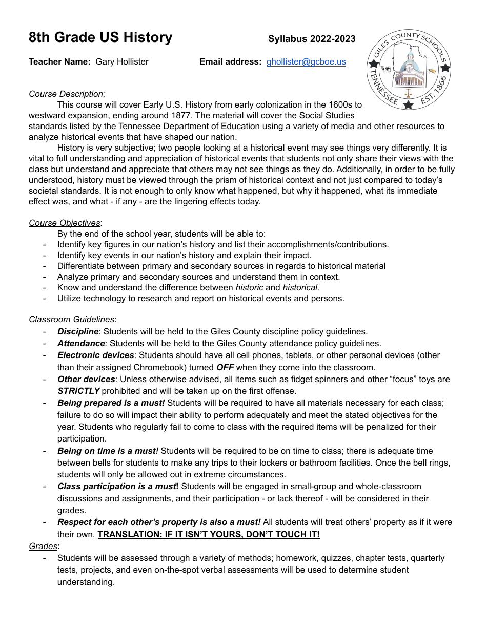 2023 8th Grade US History Syllabus Download Printable PDF | Templateroller